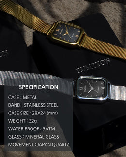 RUMTTON Black Mother of pearl women's Mesh band watch Silver